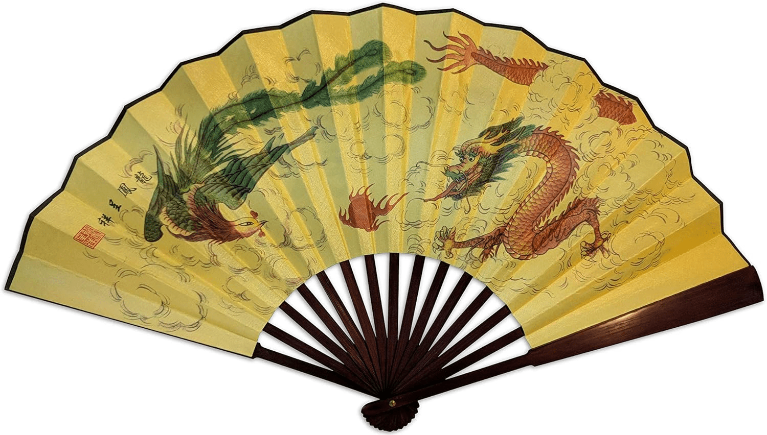 Dragon and Phoenix X-Large Gold Hand Fan – Personalized Fan Store